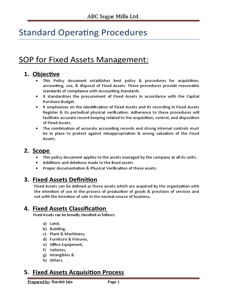 Standard Operating Procedures: SOP For Fixed Assets Management | PDF ...