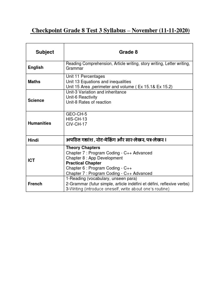 Checkpoint Grade 8 Test 3 Syllabus - N: Ovember (11-11-2020) | PDF