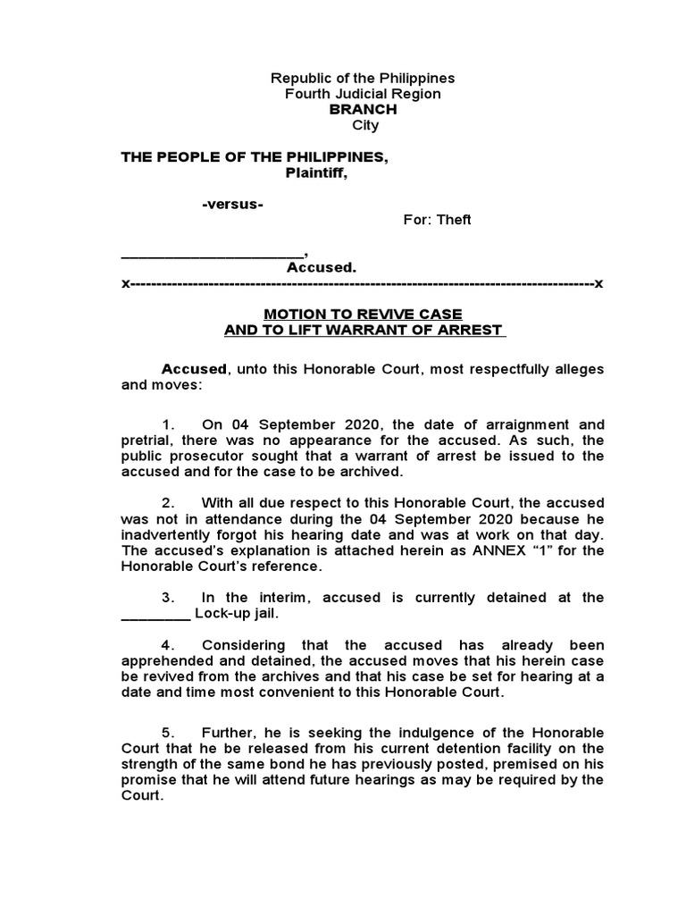Motion to Lift Arrest Warrant | PDF | Arrest Warrant | Arrest