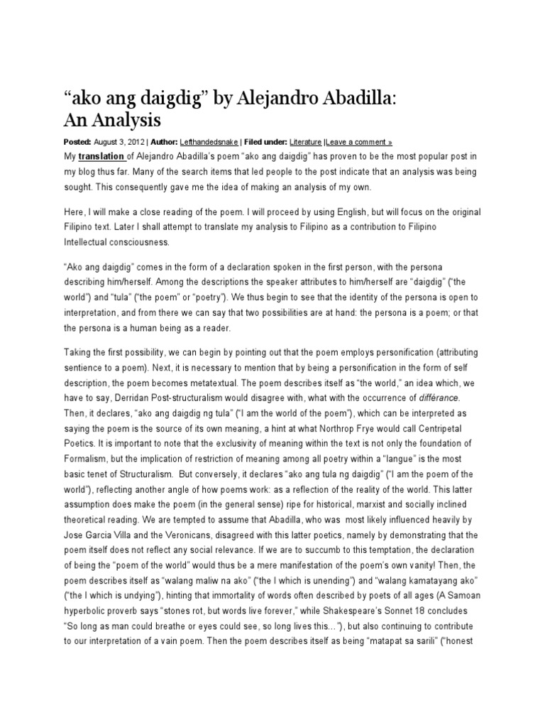 "Ako Ang Daigdig" by Alejandro Abadilla: An Analysis | PDF | Poetry ...
