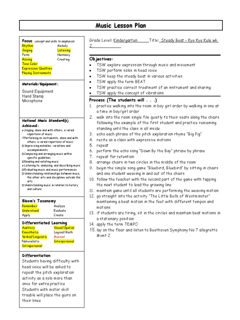 Kindergarten Music Lesson Plan: Steady Beat | PDF | Singing | Musicology
