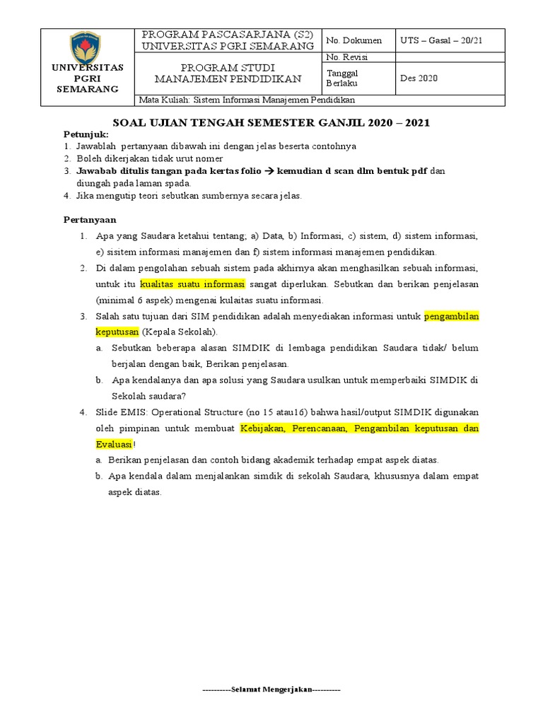 UTS SIMDIK Des 2020 | PDF