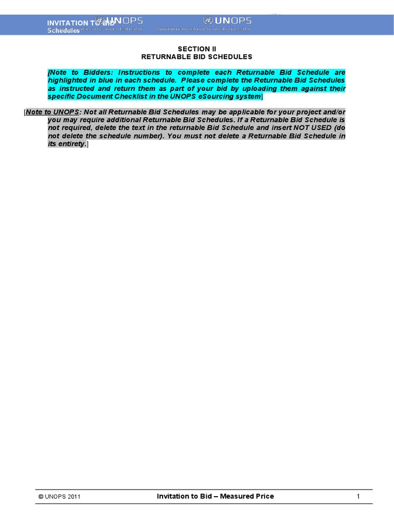 Invitation To Bid: (Note To UNOPS: Not All Returnable Bid Schedules May Be Applicable For Your ...