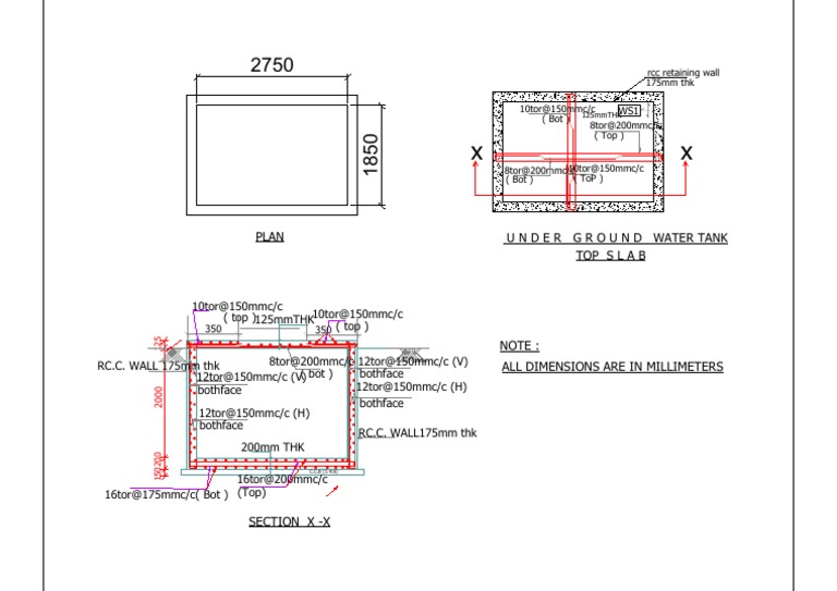 Under Ground Watertank Top Slab Plan: RCC Retaining Wall 175mm THK | PDF