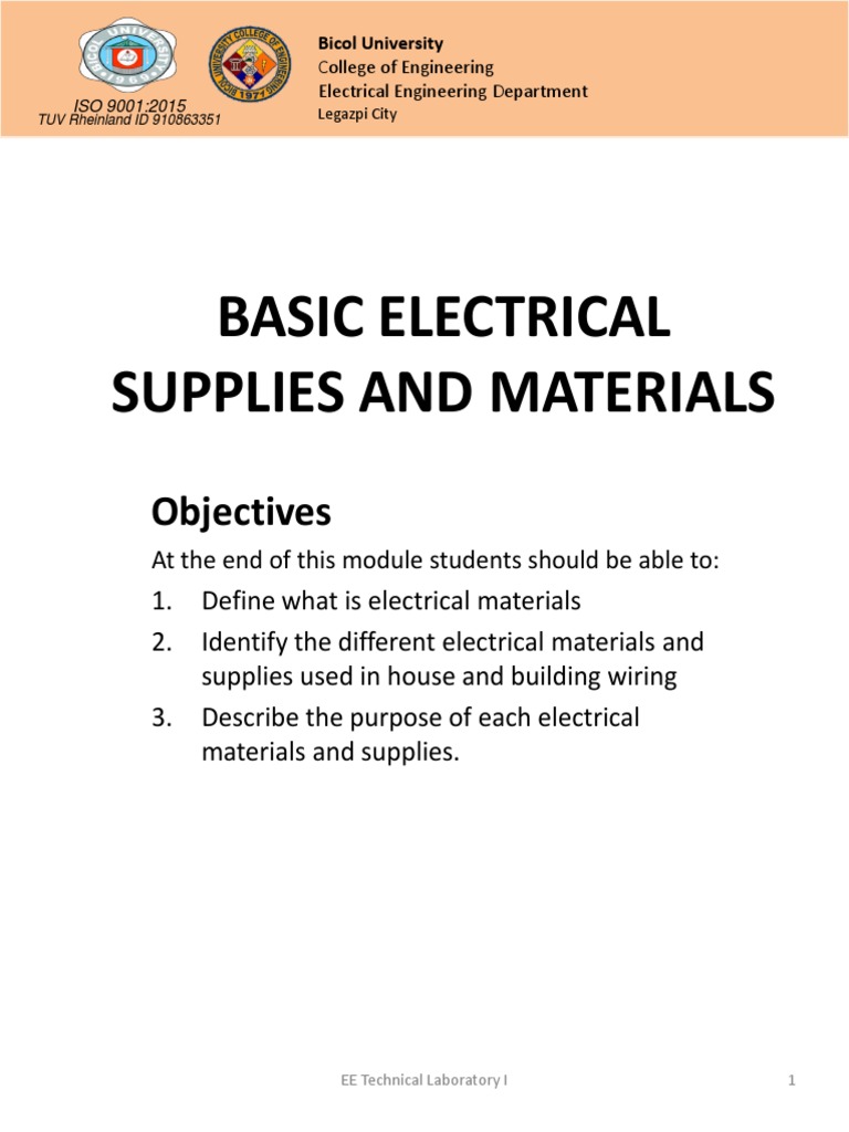Basic Electrical Supplies and Materials: Objectives | PDF | Electrical ...