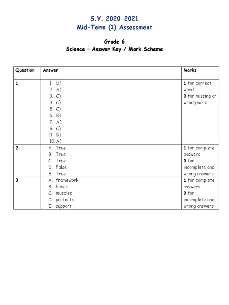 Mid-Term Assessment Term 1 Grade 6 Science Paper-Ans. Key | PDF