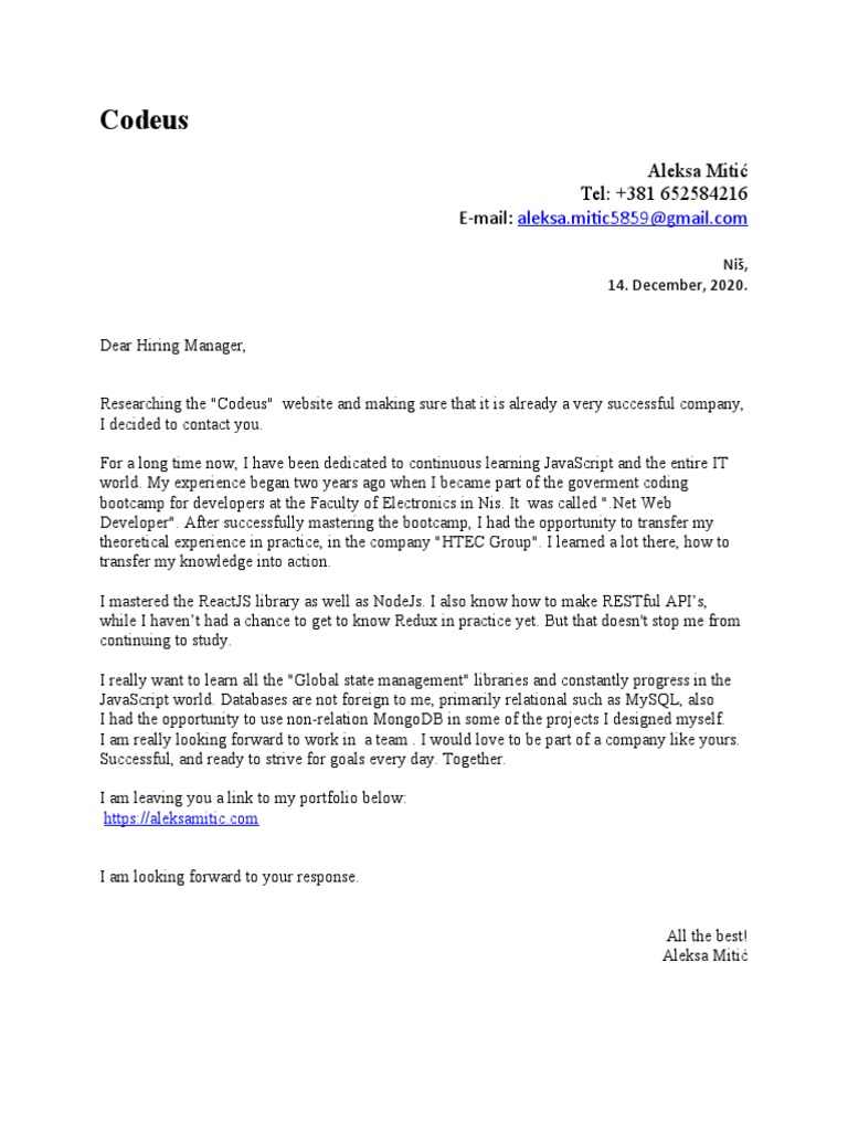 Cover Letter - Aleksa Mitic | PDF