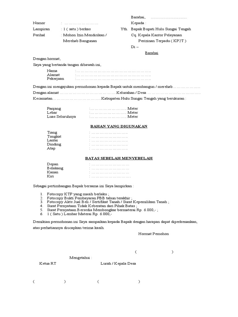 Surat Permohonan Ijin Mendirikan Bangunan Imb1 | PDF