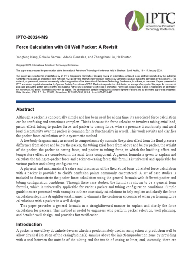 IPTC-20324-MS Force Calculation With Oil Well Packer: A Revisit | PDF ...