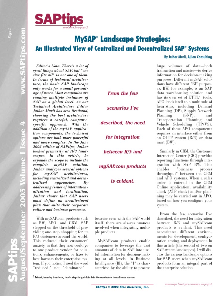 MySAP Landscape Strategies-Centralized and Decentralized SAP Systems 1 ...
