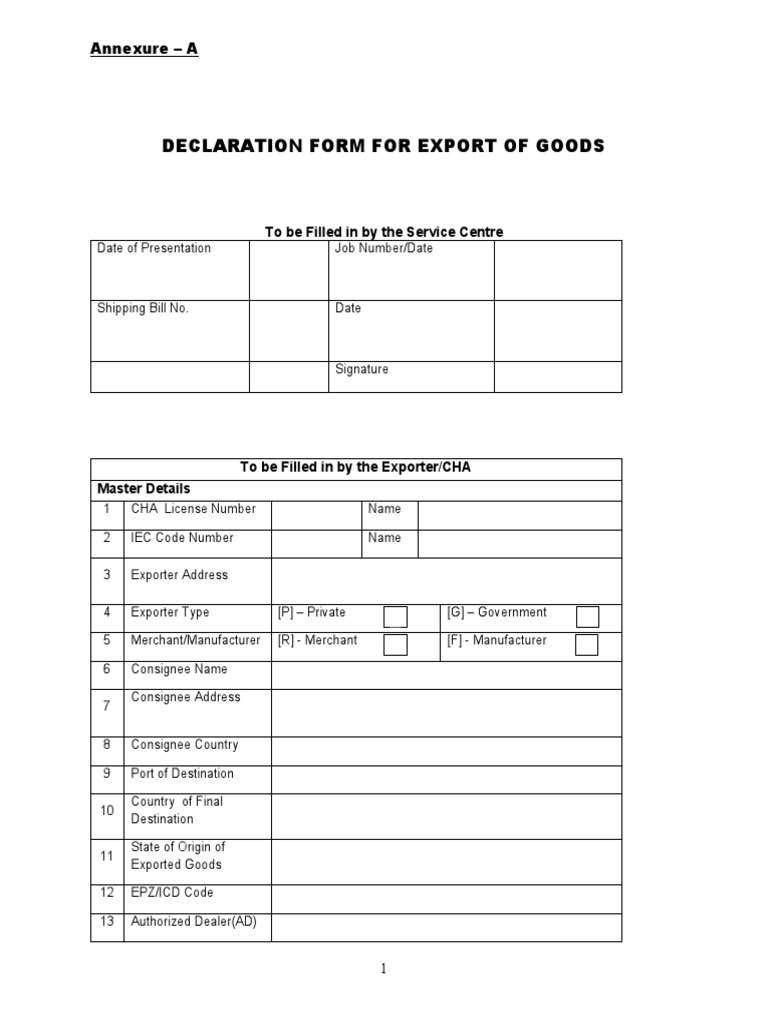 Declaration Form For Export of Goods: Annexure - A | Download Free PDF ...