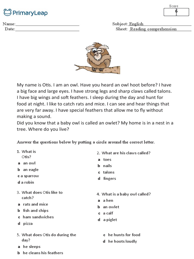 Reading Comprehension Otis The Owl Reading Comprehension Exercises ...