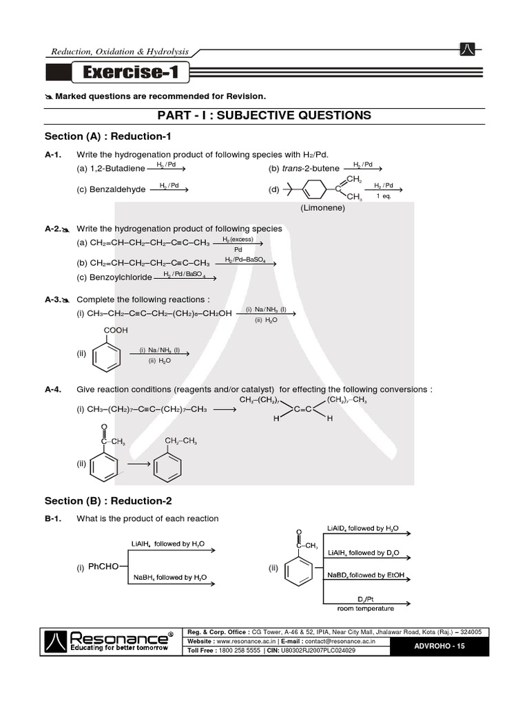 Reduction, Oxidation - Hydrolysis Exercise PDF | PDF | Aldehyde | Redox