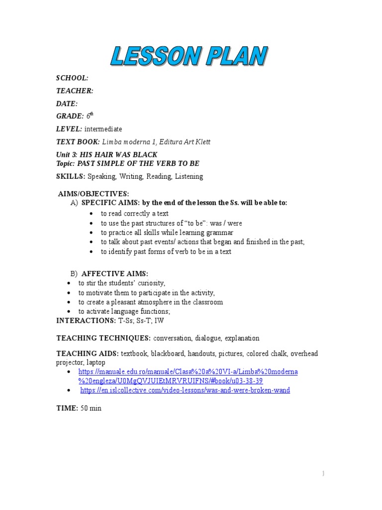 Past Simple: Was/Were Lesson Plan | PDF | Homework | Teachers