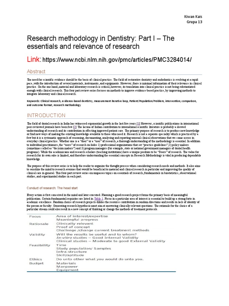 Research Methodology in Dentistry: Part I - The Essentials and ...