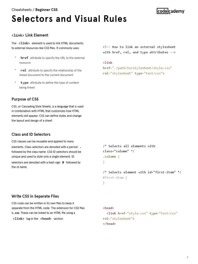 Beginner Css Selectors And Visual Rules Cheatsheet Codecademy Pdf Cascading Style Sheets