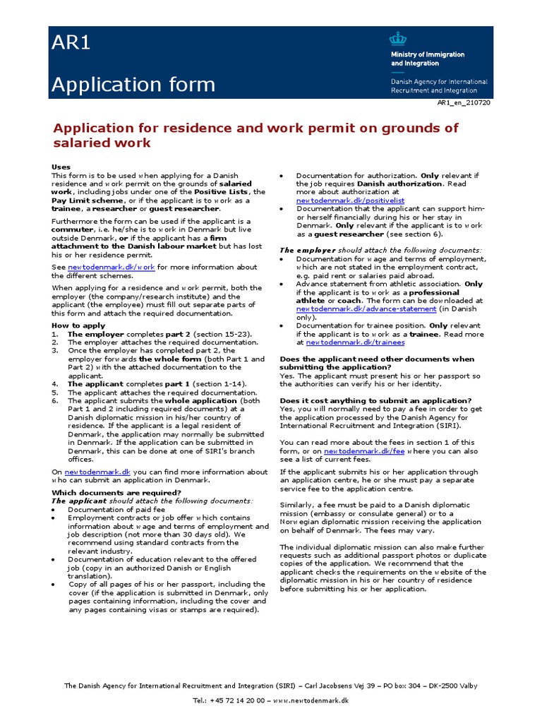 AR1 Application Form: Application For Residence and Work Permit On ...