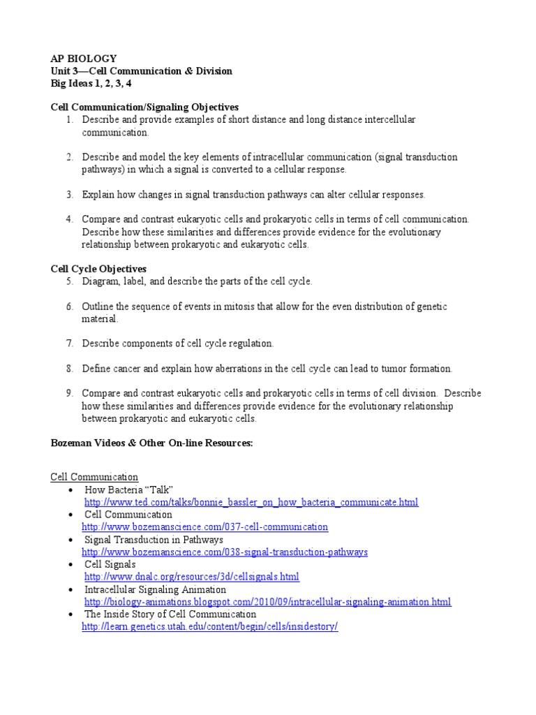 Ap Biology Unit 3-Cell Communication & Division Big Ideas 1, 2, 3, 4 ...