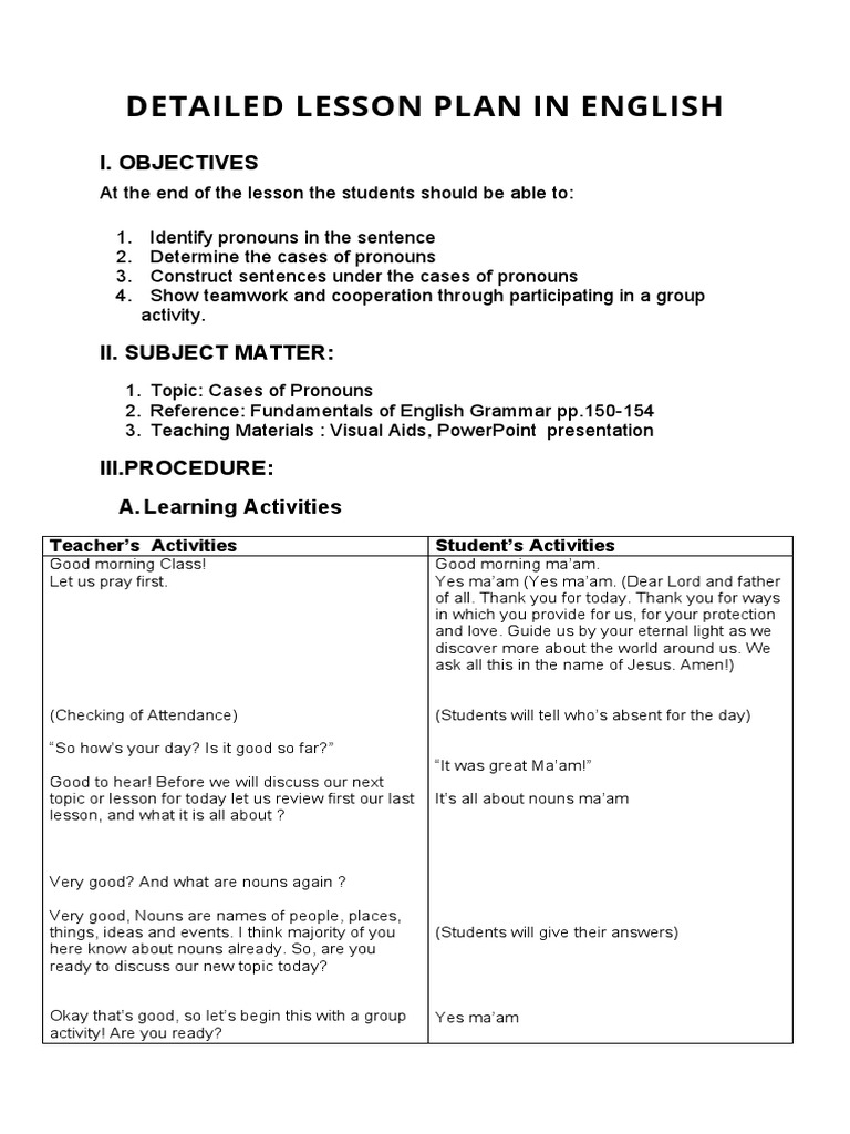 Detailed Lesson Plan in English: I. Objectives | PDF | Pronoun ...