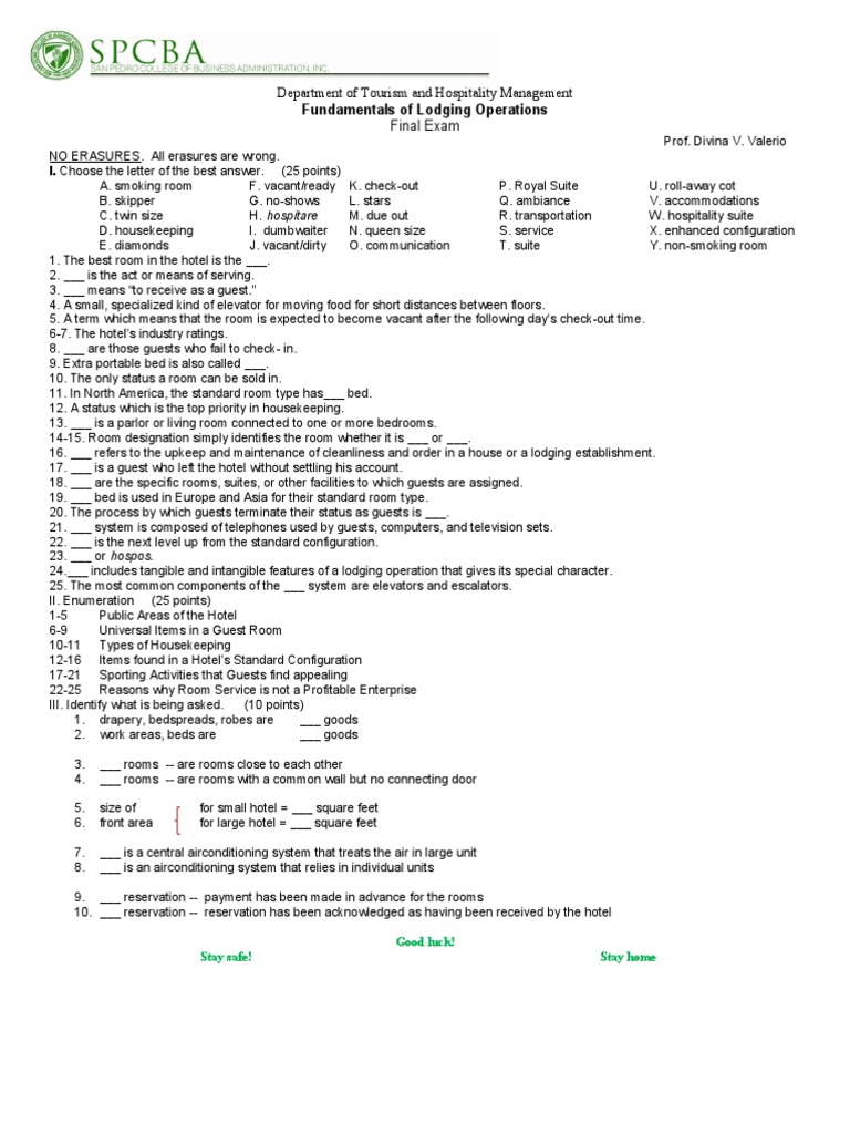Department of Tourism and Hospitality Management Final Exam ...
