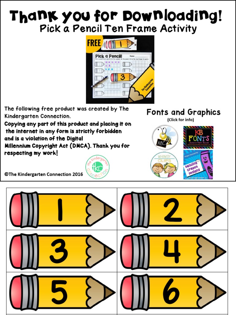 Thank You For Downloading!: Pick A Pencil Ten Frame Activity | PDF