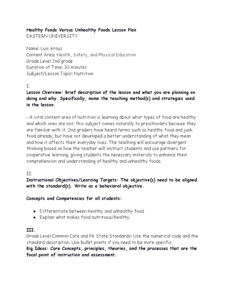 Healthy Foods Versus Unhealthy Foods Lesson Plan 1 | PDF | Reading ...