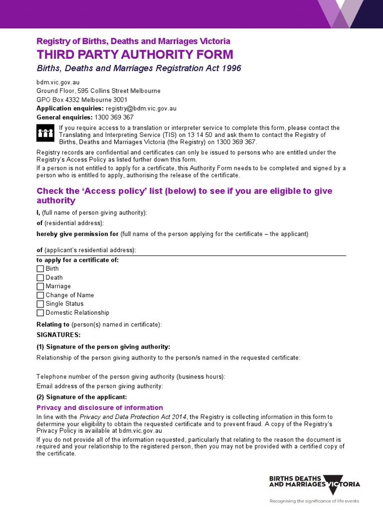 Third Party Authority for BDM Victoria | PDF | Identity Document ...