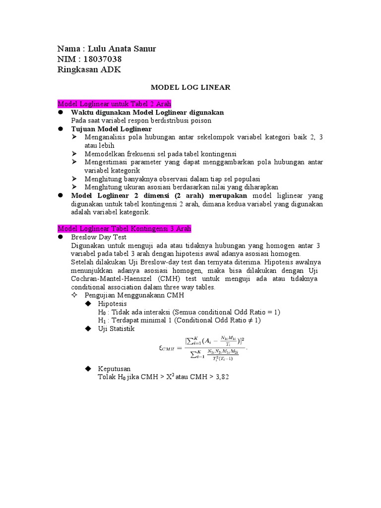 Ringkasan Model Loglinear Dan CHAID (Lulu Anata Sanur - 18037038) | PDF ...