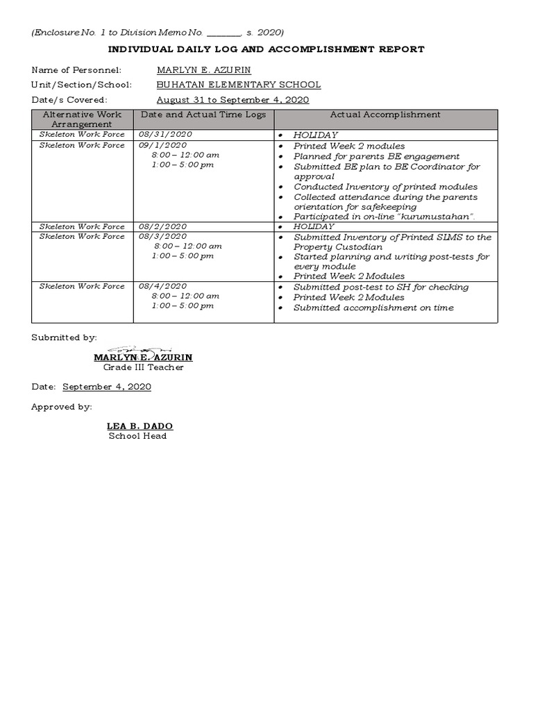Individual Daily Log and Accomplishment Report: Marlyn E. Azurin | PDF