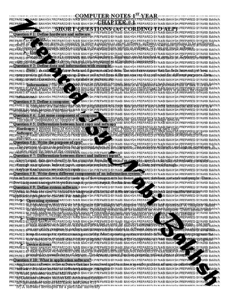 Computer Notes 1 Year Chapter # 1 Short Questions (According To Alp ...