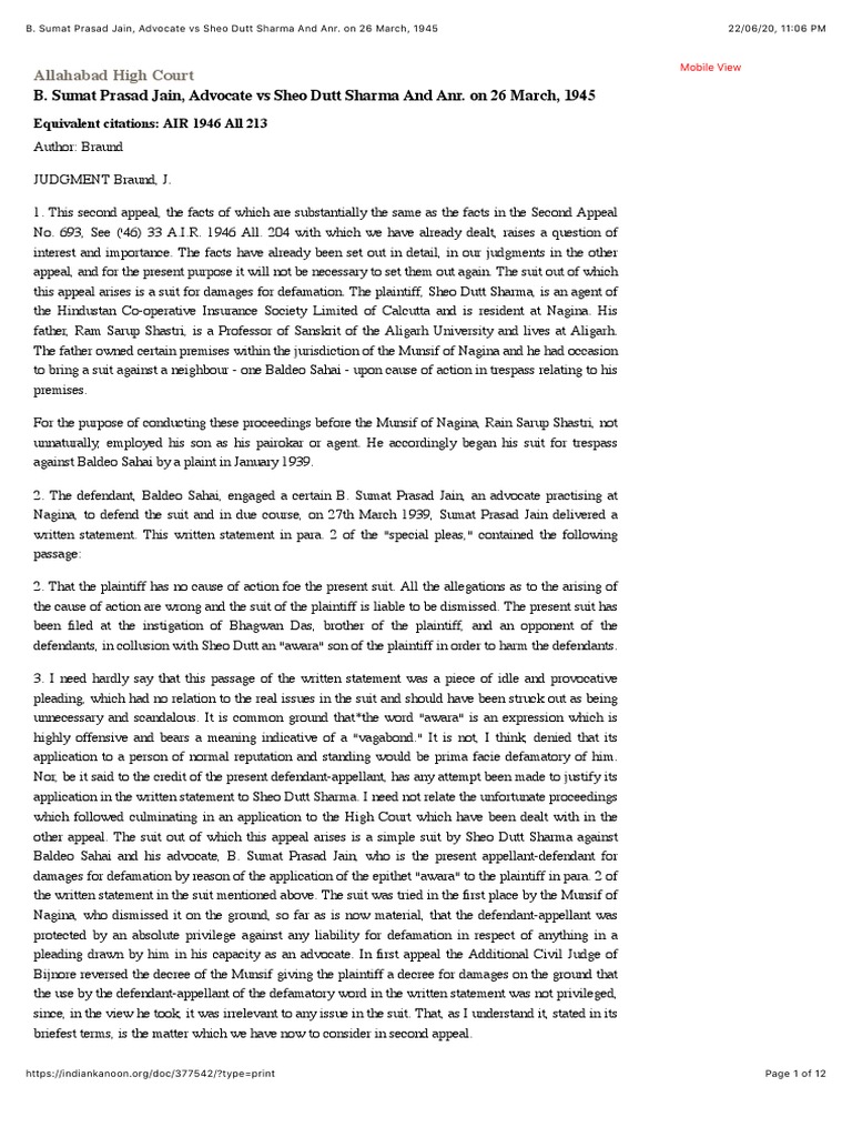 B. Sumat Prasad Jain, Advocate Vs Sheo Dutt Sharma CR Defamation | PDF ...