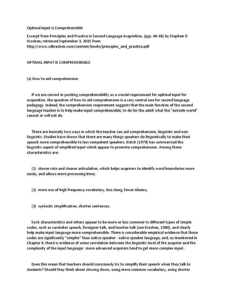 Optimal Input Is Comprehensible | PDF | Language Acquisition | Second ...