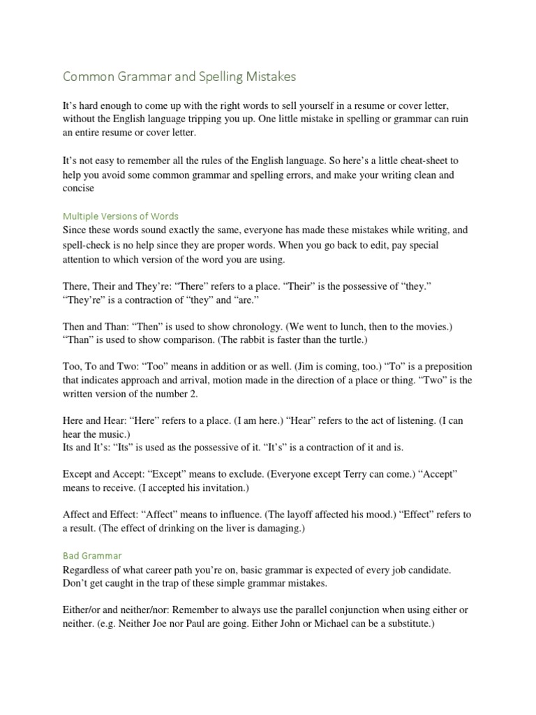Common Grammar and Spelling Mistakes: Multiple Versions of Words | PDF ...