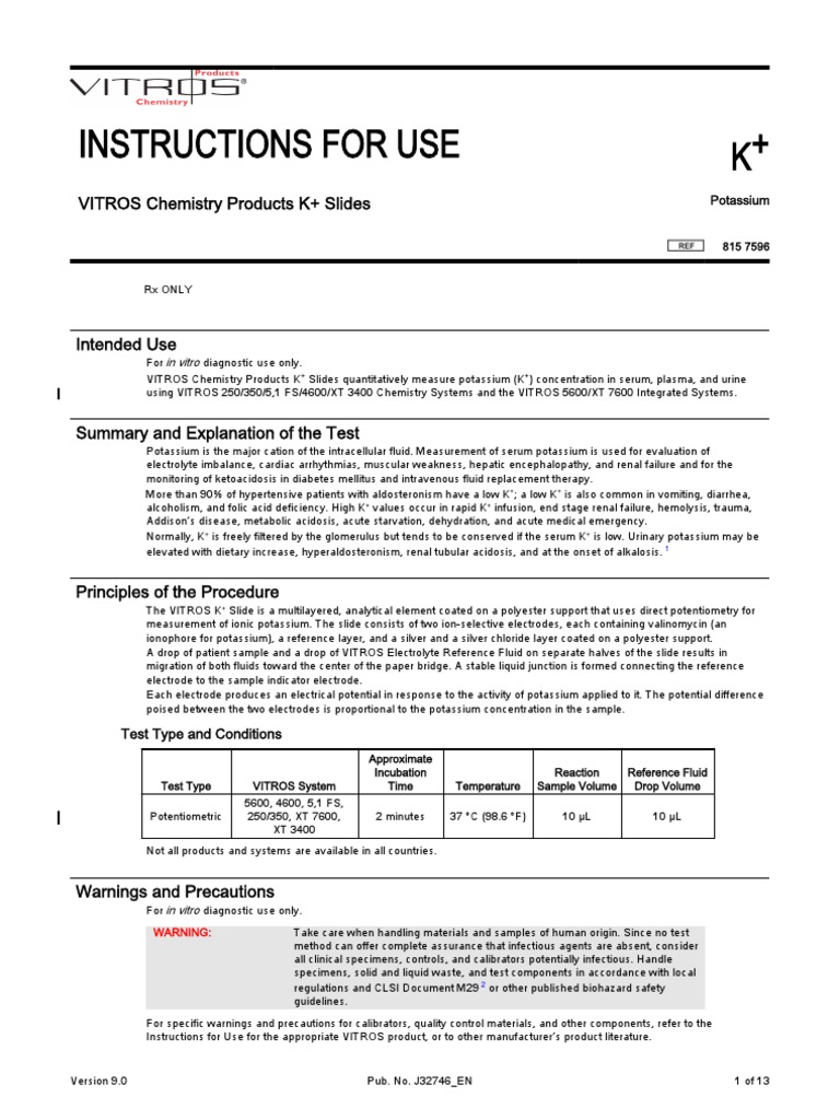 Instructions For Use K+: VITROS Chemistry Products K+ Slides | PDF ...