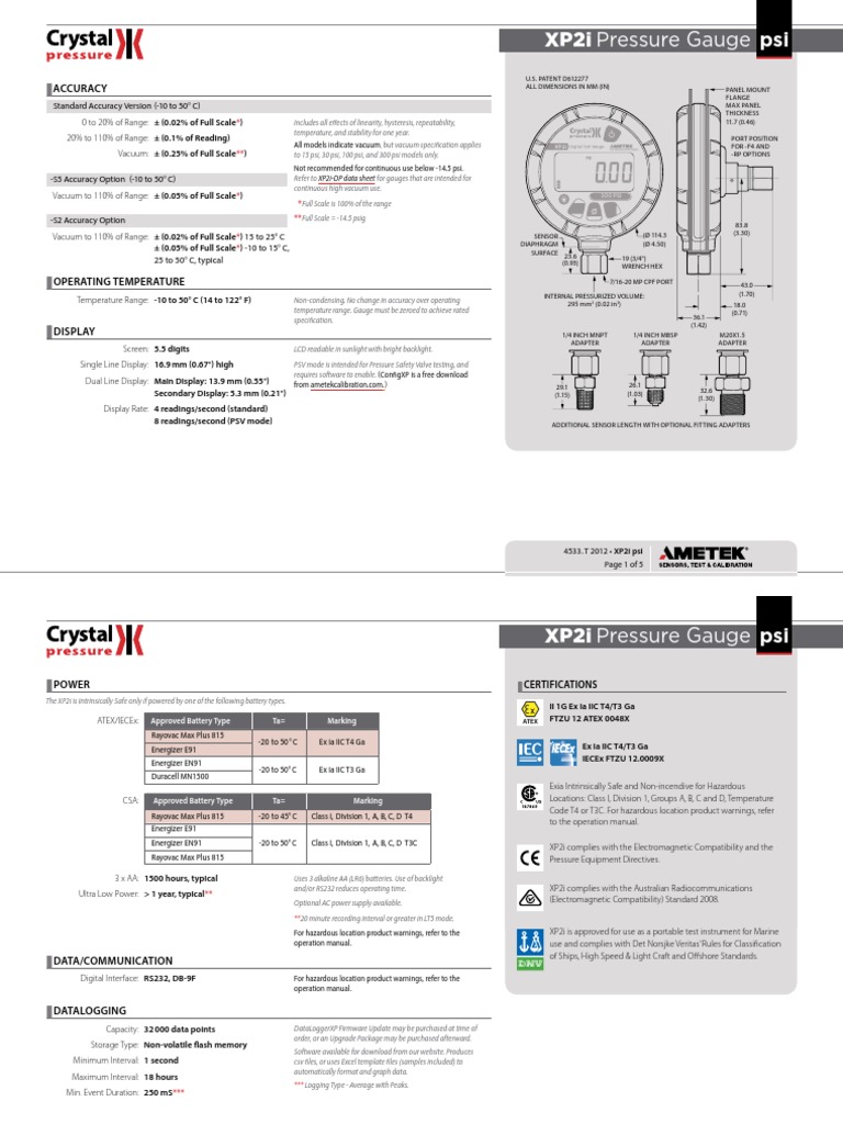 Digital Pressure Gauge Xp2i Psi Data Sheet Us | PDF | Vacuum | Pressure