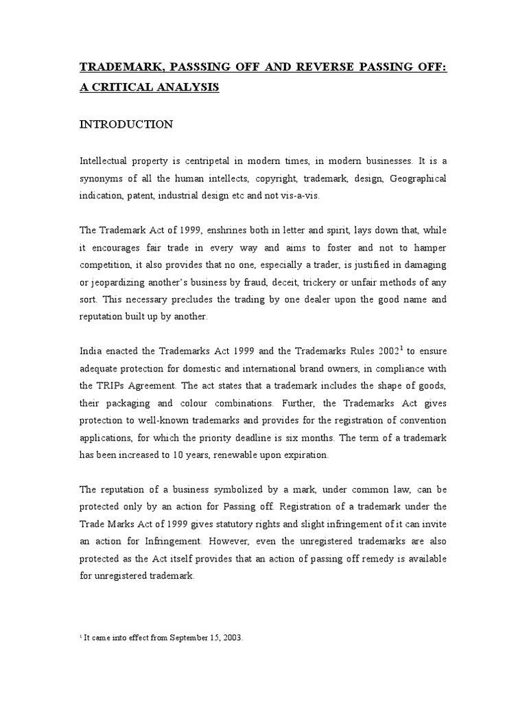 Trademark, Passsing Off and Reverse Passing Off: A Critical Analysis ...