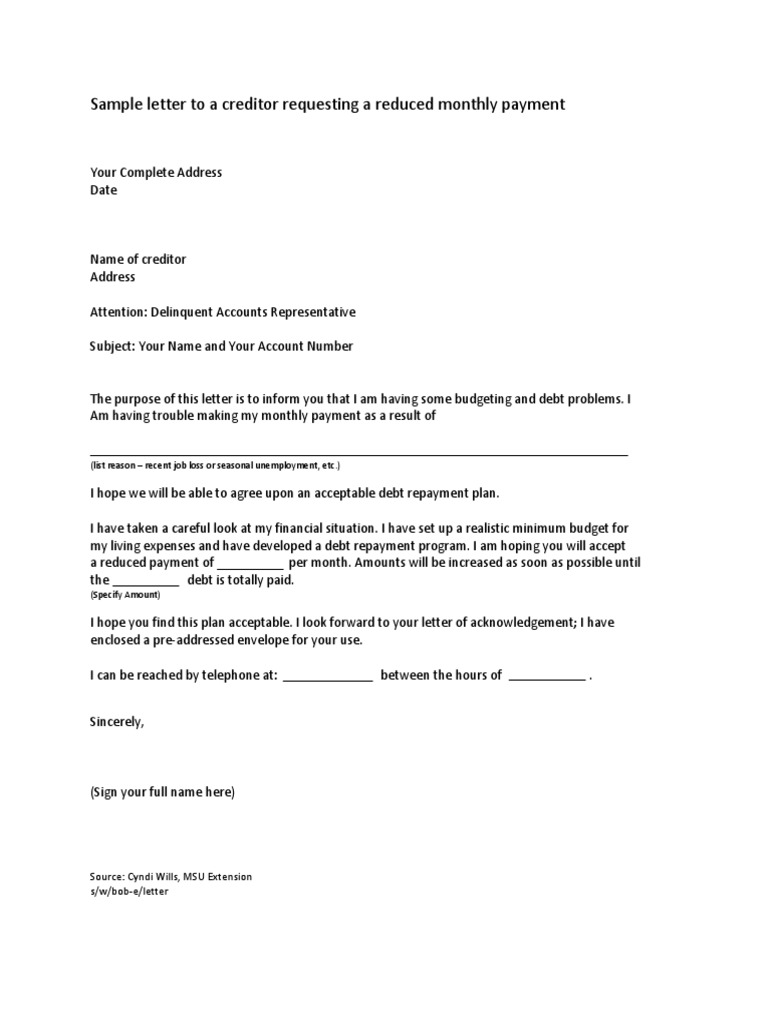 Sample Letter To A Creditor | PDF