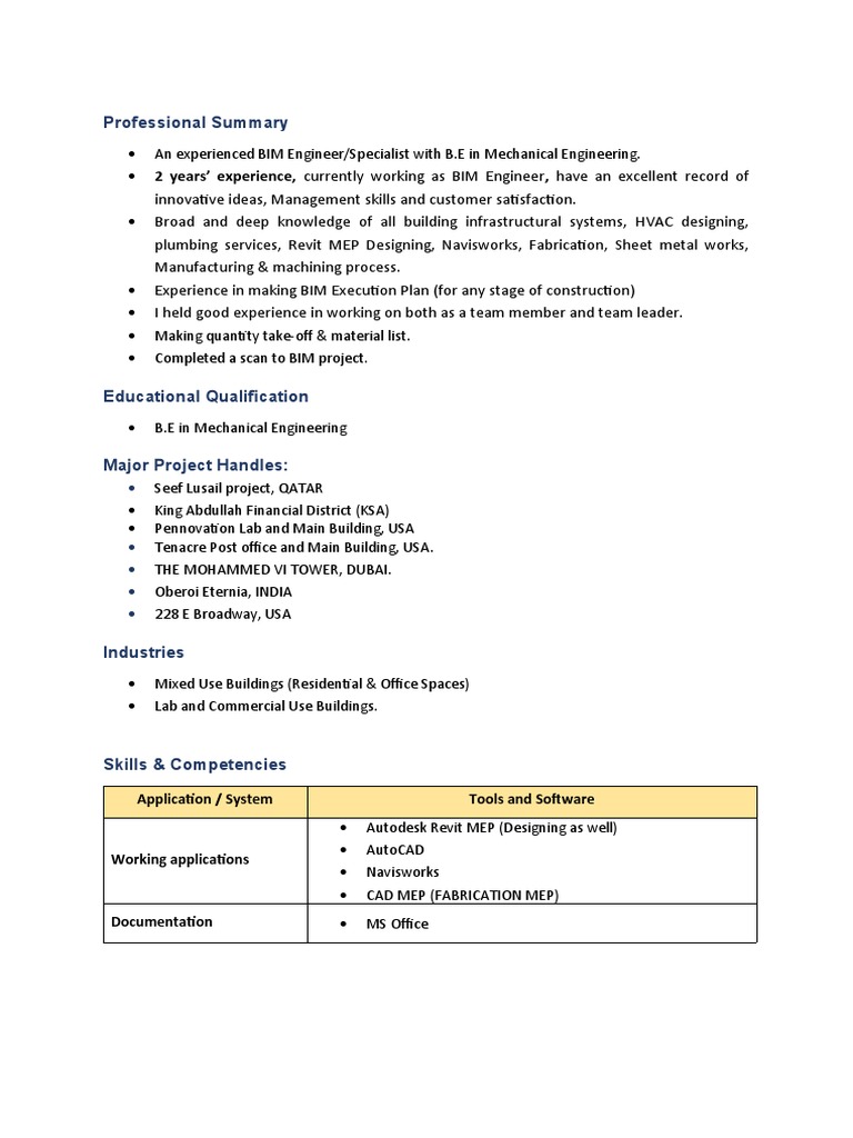 Professional Summary: 2 Years' Experience, Currently Working As BIM ...