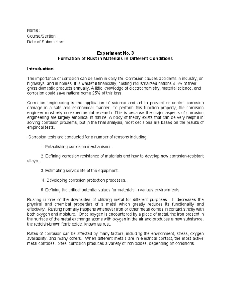 EXPERIMENT No. 3 Formation of Rust in Materials 2 | PDF | Rust | Corrosion