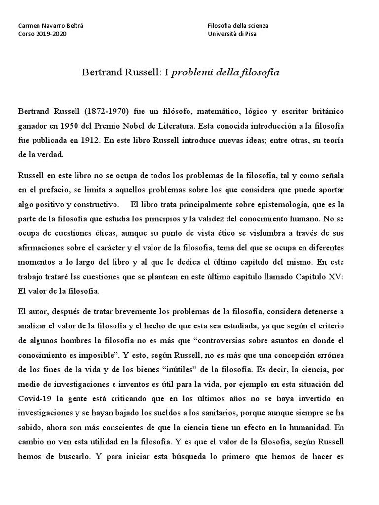 Analisis Capitulo XV Los Problemas de La Filosofía, de Bertrand Russell ...