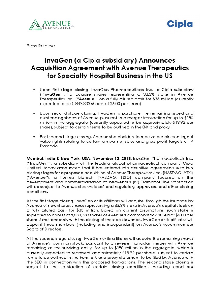Cipla Subsidiary InvaGen to Acquire Specialty Hospital Business Avenue ...