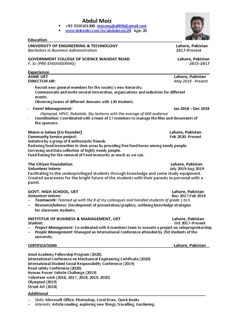 Abdul Moiz's Resume | PDF | Learning | Students