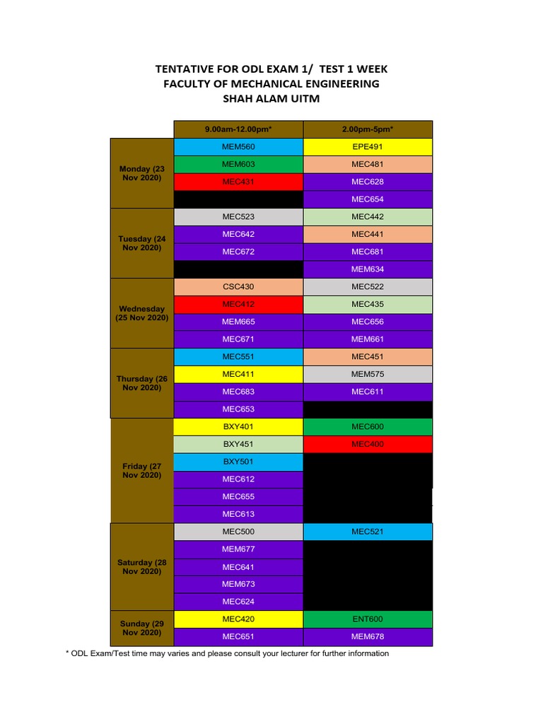 ODL Exam Schedule for Mechanical Engineering | PDF | Sports