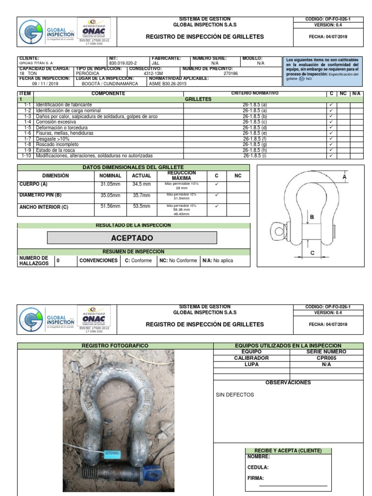 Inspección de Grilletes Industriales | PDF | Procesos industriales ...