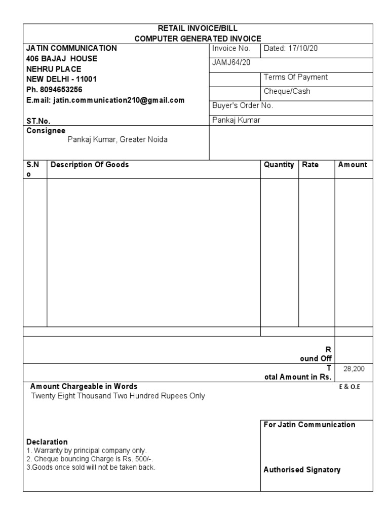 Invoice No. Dated: 17/10/20 JAMJ64/20 Terms of Payment Cheque/Cash Buyer's Order No. Pankaj ...