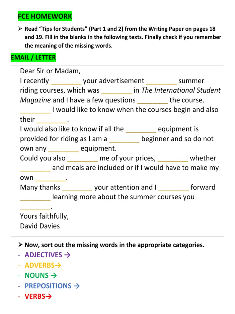 1 - EXERCISE - FCE HOMEWORK - Writing Paper - Tips | PDF | Syntactic ...