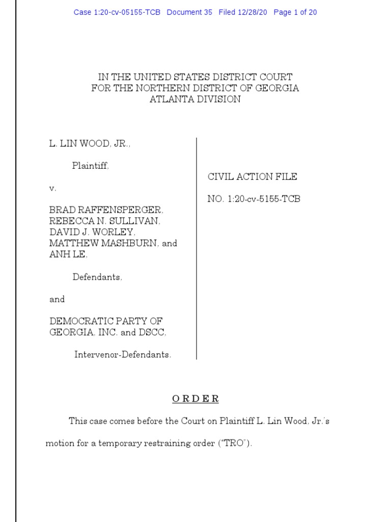 Wood v. Raffensperger Election Lawsuit | PDF | Standing (Law) | Injunction