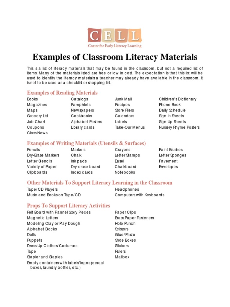Classroom Literacy Materials Guide | PDF