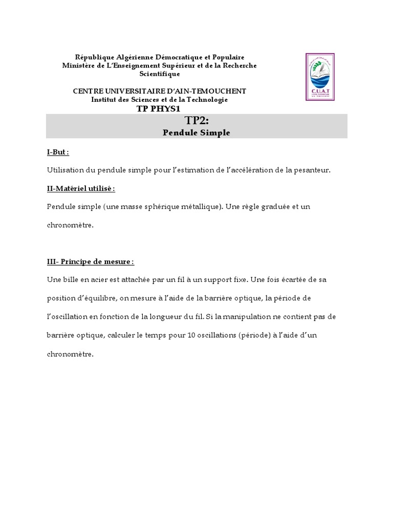 TP Pendule Simple : Mesure de g | PDF | Pendule (physique) | Physique