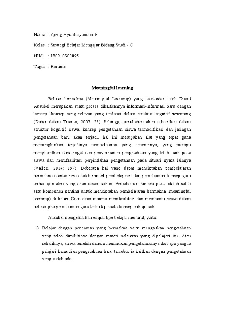 Ajeng Ayu Suryandari P. - 190210302095 - Resume Meaningful Learning | PDF | Karier & Perkembangan